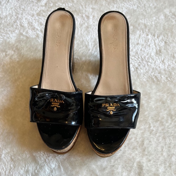 Prada | Shoes | Prada Patent Leather Cork Platform Block Heel Mule ...